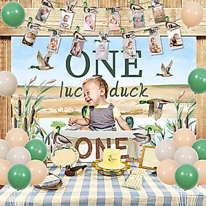 Fangleland Mallard Duck 1st Birthday Decorations for 1 Year Old Boy, One Lucky Duck Theme Boy First Birthday Party Supplies with Cake Topper, Backdrop, High Chair Banner, Balloons
