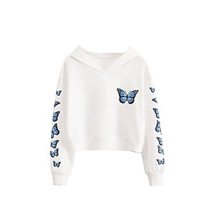 Romwe Girl's Butterfly Print Drop Shoulder Long Sleeve Pullover Hoodie Sweatshirt Crop Top Tee Shirt White 140
