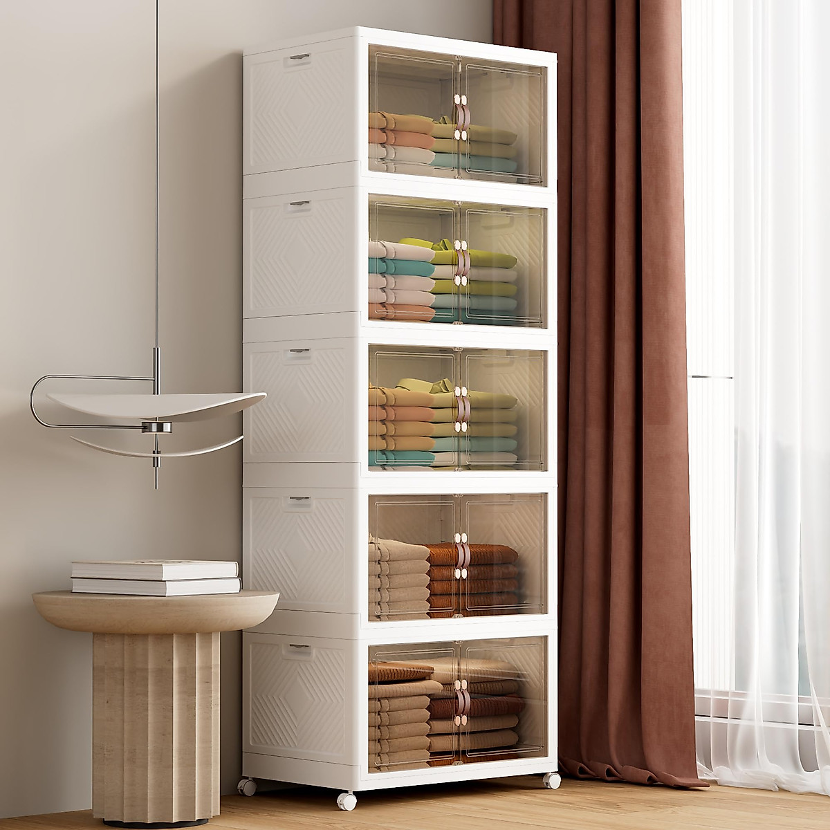 JOYMOOP Folding Storage Bins Organizer, 49.6 Quart Collapsible Storage Box with Wheels and Door, Stackble Plastic Storage Container for Clothing, Books and Sundries (XL-12.4Gal-5Tiers, White)