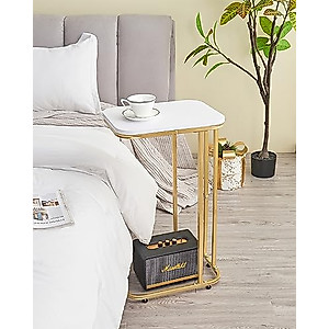 KJGKK C Shaped End Table, 26.6 inches High Side Table for Couch Sofa Bed, Small Tv Tray, for Living Room, Bedroom, Metal Frame, Gold & White