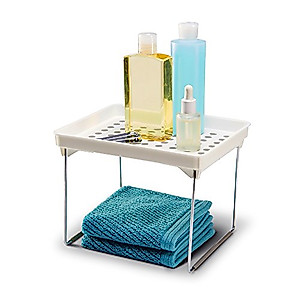 Madesmart Small Stackable Storage Shelf for Cabinets or Counters, Plastic Collapsible Cabinet Shelf for Home Organization, White