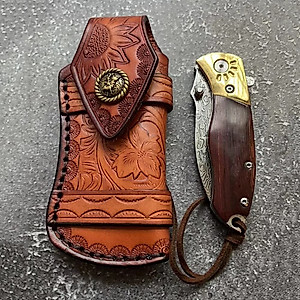 MiOYOOW 4.7" Pocket Knife Pouch, Carved Folding Knife Holster Horizontal/Vertical Leather Knife Holder for Camping Hunting Jungle Exploration