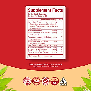 Pure Horny Goat Weed Extract with Maca Powder – Immune Support – Helps Increase Drive and Stamina – Booster for Men and Women Tongkat Ali Plus L-Arginine Increases Energy – 60 Capsules
