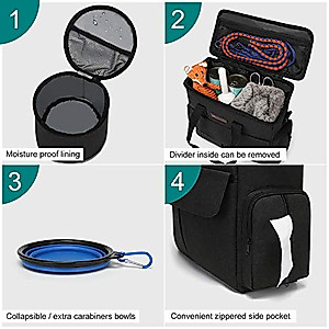 Dog Travel Bag by Modoker - Dog Travel Kit for a Weekend Away Set Includes Pet Travel Bag Organizer for Accessories, 2 Collapsible Dog Bowls, 2 Travel Dog Food Container (Black)