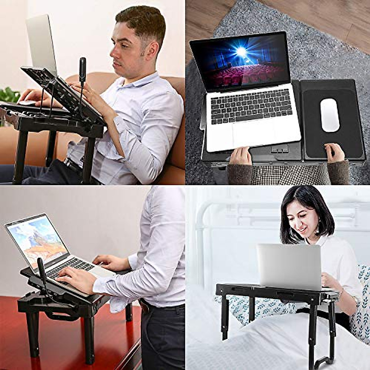 TeqHome Laptop Desk for Bed, Adjustable Laptop Bed Table with Fan, Portable Lap Desk with Foldable Legs, Laptop Stand for Couch Sofa Bed Tray with LED Light, 4 USB Ports, Storage, Mouse Pad