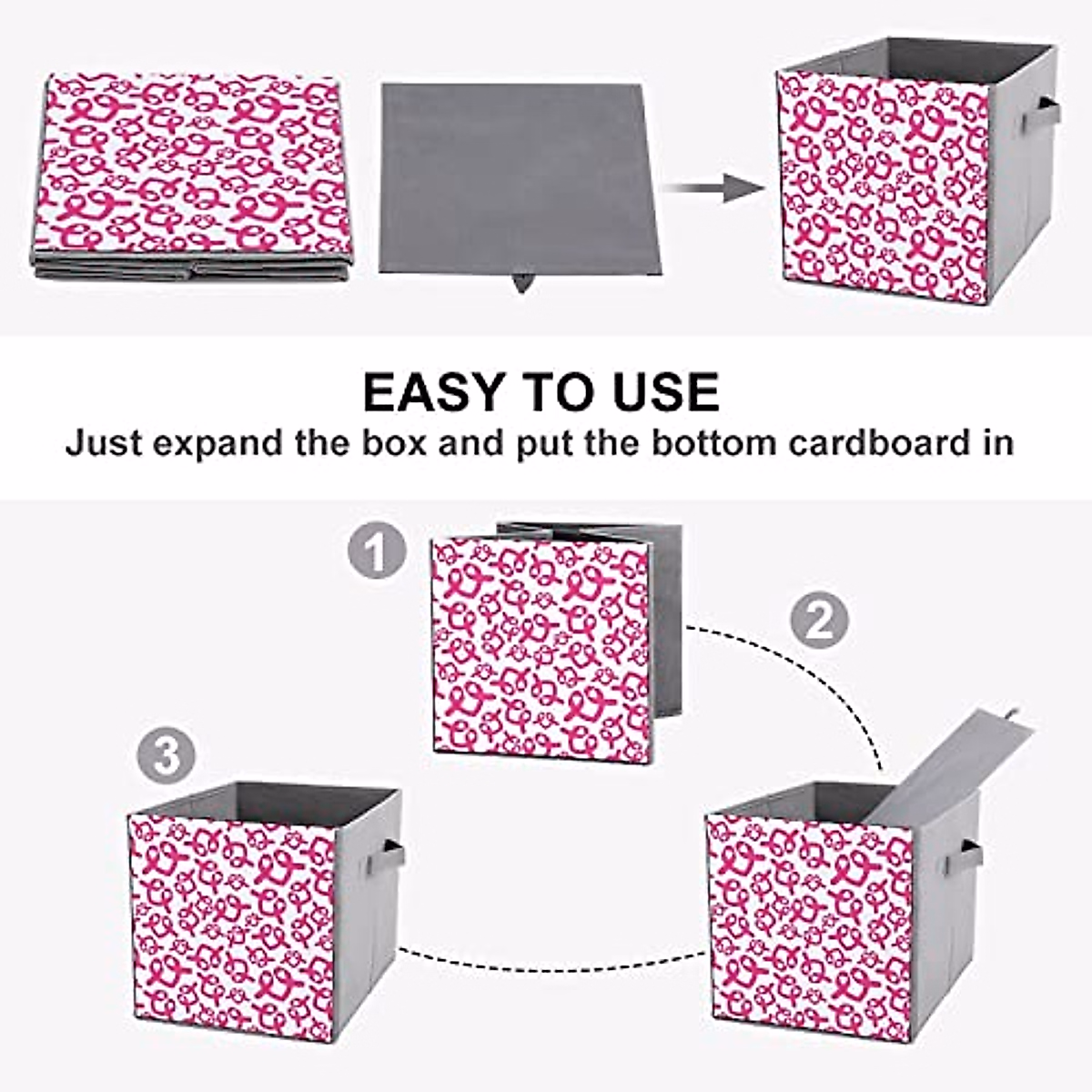 Breast Cancer Awareness Pink Ribbon Collapsible Storage Bins Basics Folding Fabric Storage Cubes Organizer Boxes with Handles