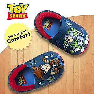 Disney Toy Story Slippers - Buzz Lightyear and Sheriff Woody Fuzzy PJ House Shoes - Boys Pajama Indoor Warm Slipper - Navy Blue/Red (size 7-8 Toddler)