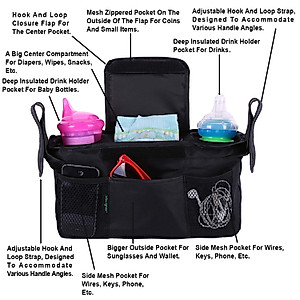 Lebogner Stroller Organizer, Insulated Deep Pocket Stroller Cup Holder To Keep Warm Or Cold Bottles, Extra Stroller Storage Space Accessories Pouch, Secured Universal Fit Black Baby Diaper Hanging Bag