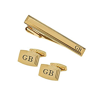 Personalized Gold Beveled Edge Cufflinks & Tie Clip Set Monogram Custom Engraved Free - Ships From USA