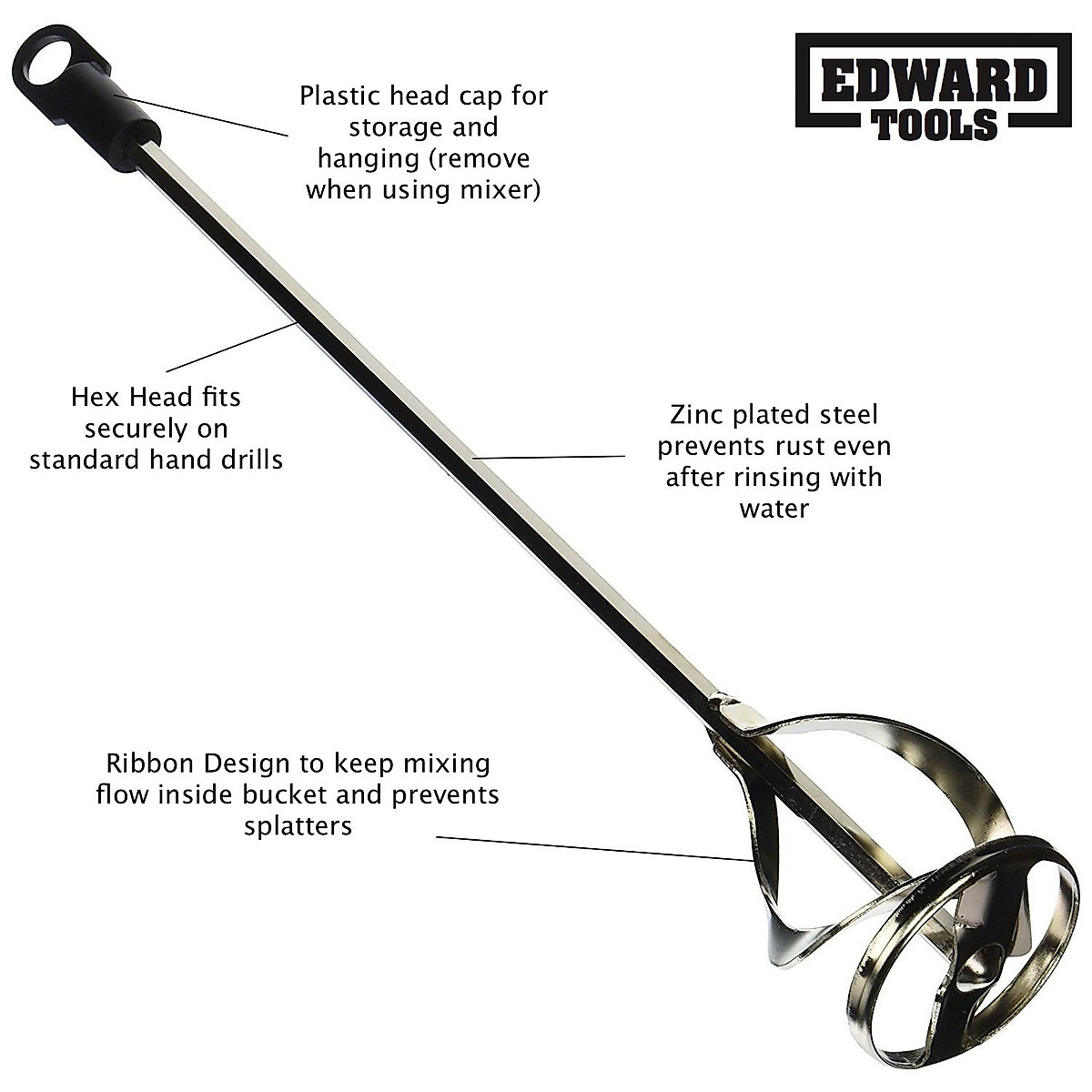 Edward Tools Paint and Mud Mixer for drill in 1 to 5 gallon buckets - Fits all standard drills - Zinc plated steel - Reinforced weld - Hex head for non slip - Easy to clean - Paint mixer attachment