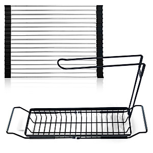 MK3 roll up Dish Drying Rack for Kitchen Counter , with Sponge Holder for Kitchen Sink Caddy Organizer Telescopic Storage Black