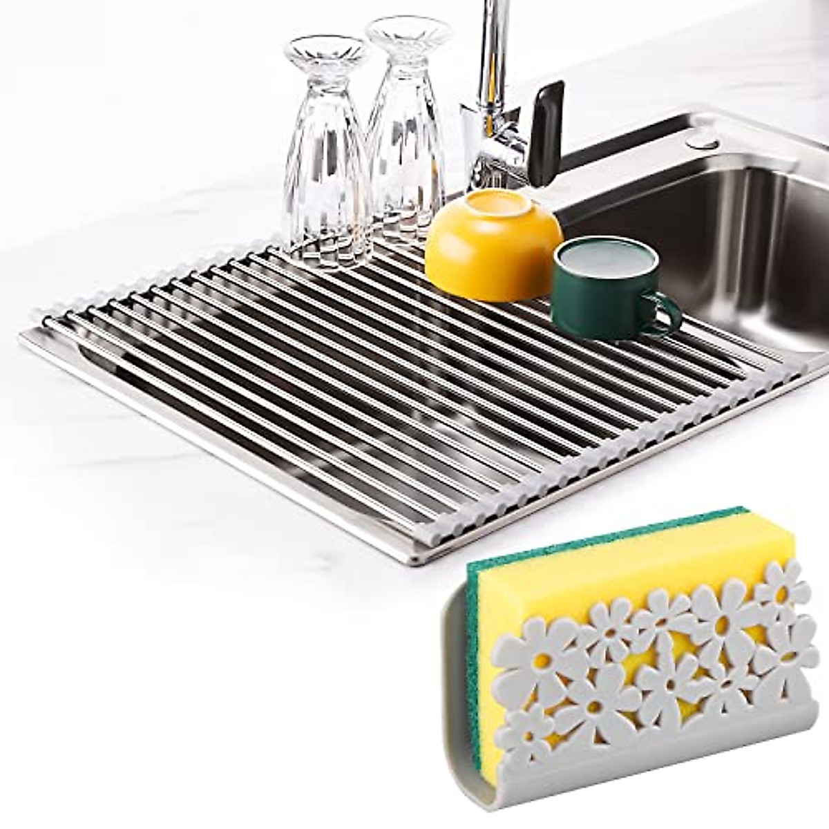 Attom Tech Home Dish Drying Rack with Sponge Holder