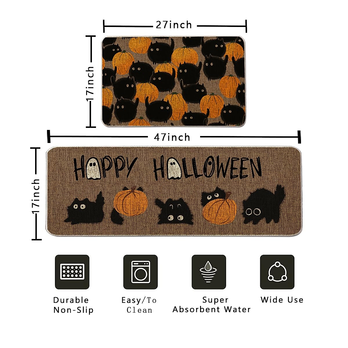 GAGEC Halloween Kitchen Mat Set of 2, Black Cat Pumpkins Kitchen Rug, Halloween Farmhouse Party Floor Mat for Home Kitchen Decorations - 17x27 and 17x47 Inch