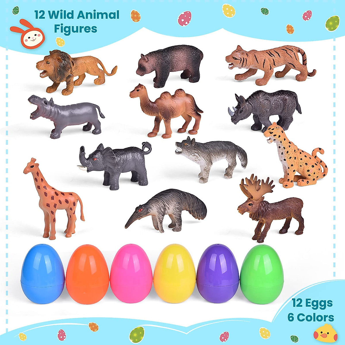Fun Little Toys 12PCS Easter Eggs Prefilled Wild Animal Figures Surprise Plastic Easter Eggs Basket Stuffers