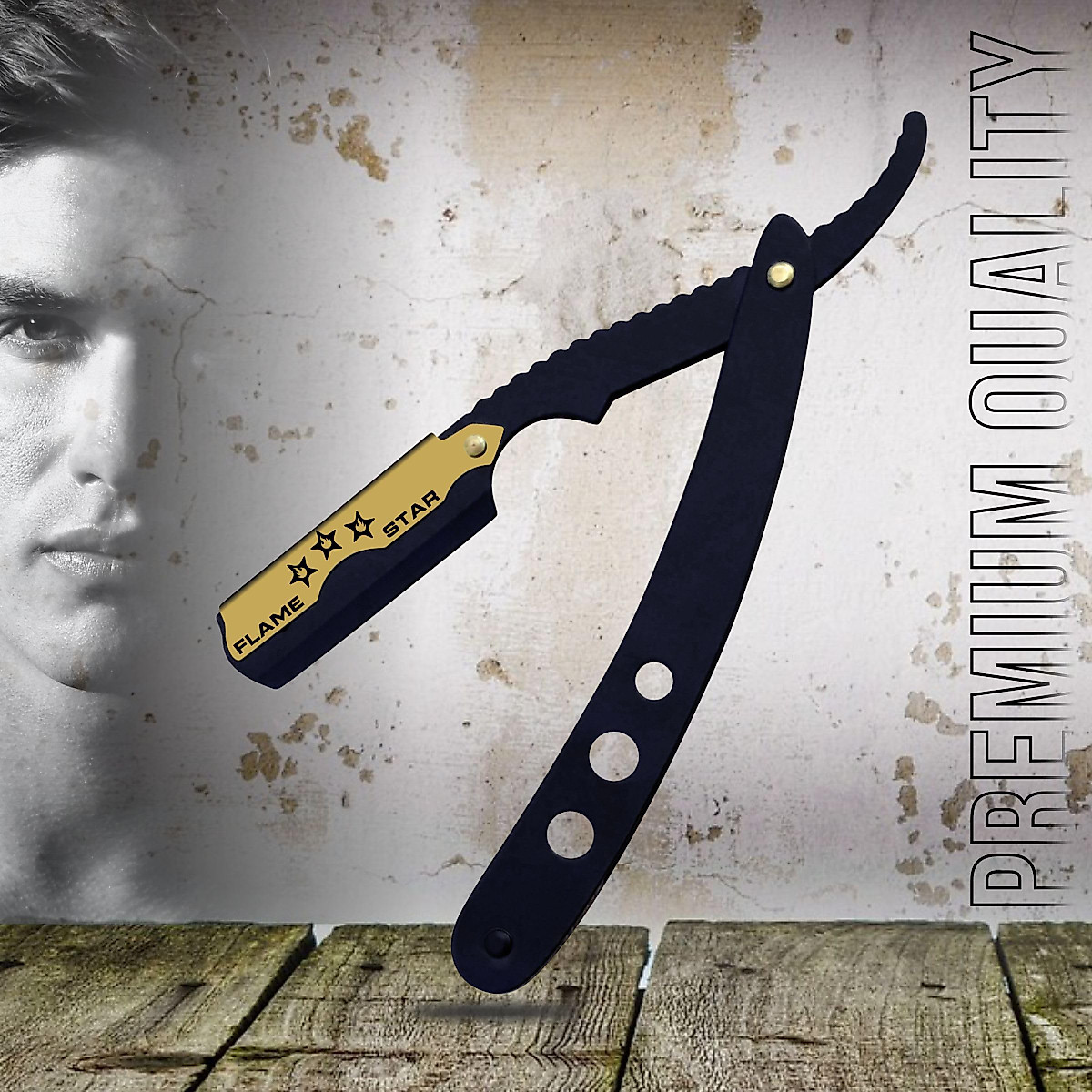 Black Gold Barber Staright Edge Salon Hair Cut Razor 100% Stainless Steel with 10 Blades by "FLAME STAR"