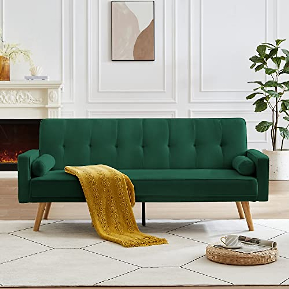 Verfur Button Tufted Futon Sofa Bed,Fabric Upholstered Convertible Loveseat Couch,Soft Small Sofa & Couches for Compact Living Space Sofabed, Green w/ 4 Wooden Legs and 1 Metal Legs