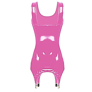 YiZYiF Women's Wetlook Sexy U Neck Sleeveless Bodycon Latex Short Mini Dress with Garter Belt Hot Pink Small