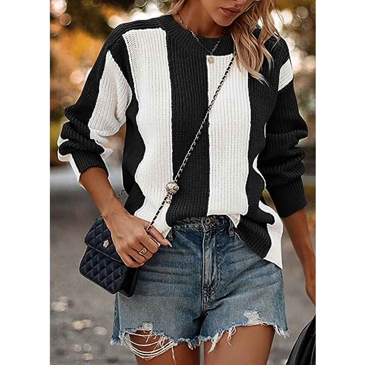 PRETTYGARDEN Women's 2023 Fall Knit Pullover Sweater Casual Long Sleeve Color Block Jumper Blouse Tops (Black,Large)