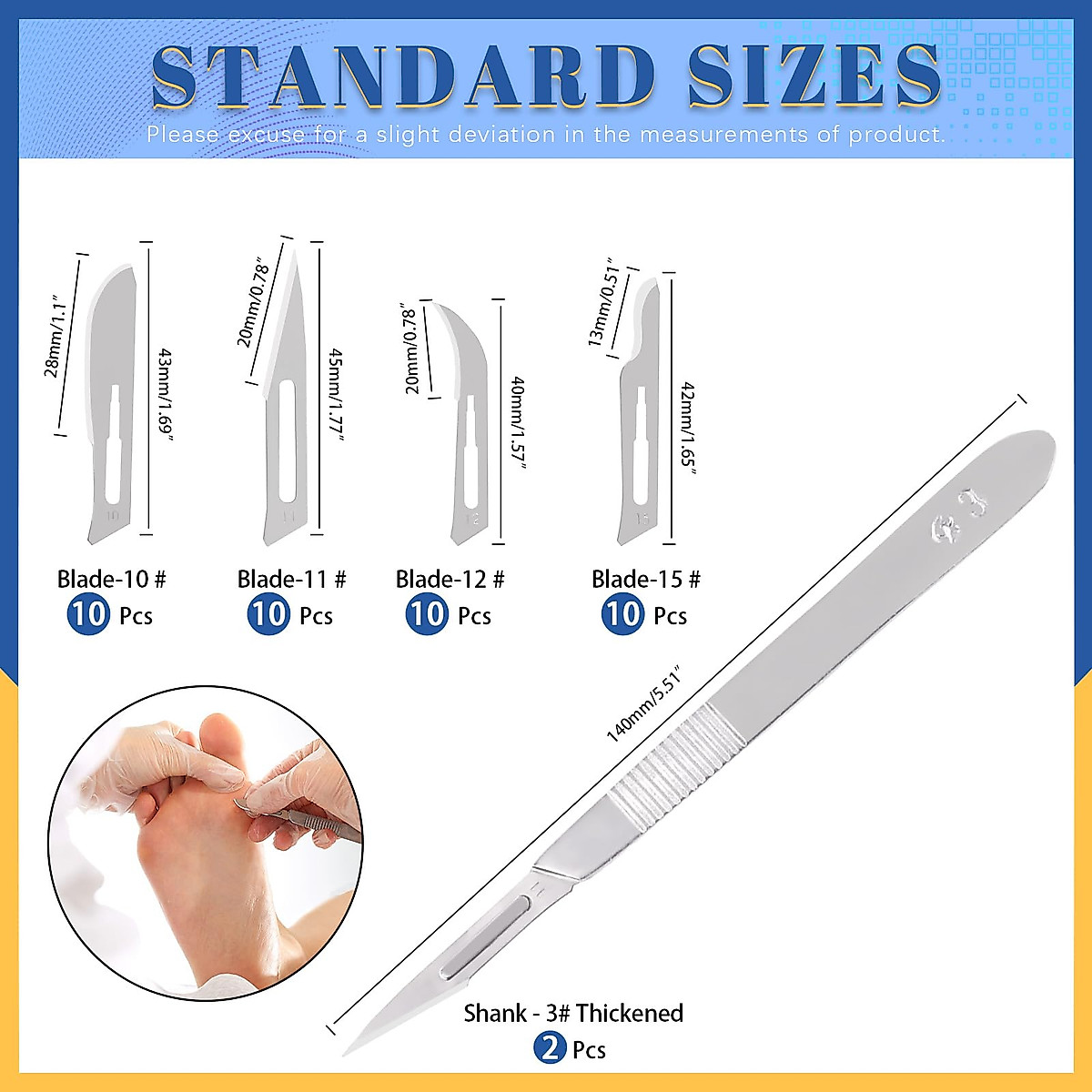 Glarks 42Pcs Surgical Grade Blade with Handle Kit, 40Pcs #10#11#12#15 Disposable Surgical Blade Sterile Scalpel Blade with 2Pcs #3 Scalpel Knife Handle for Biology Lab Anatomy, Practicing Cutting