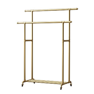 BOSURU Double-Rod Gold Clothes Racks, Industrial Pipe Clothing Rack with Wheels, Garment Rack with Shelf and 2 Side Rods, Loads up to 220 lb, for Bedroom, Clothing Store, Gold