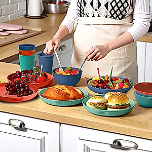 Dhnvcud 18-Piece Plates and Bowls Sets,Wheat Straw Dinnerware Sets for 6,Unbreakable Plastic Dinnerware Set,Reusable Plates,Bowls and Cups,Plastic Dishes Set for Kitchen,Outdoor Camping,RV