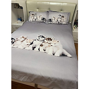 JF-107 3pcs Husky Babies 3D Digital Animal Print Bed Sheet Set Dogs Duvet Cover Set Grey Bedding Sets Twin Full Queen King Size, not Comforter (Twin)