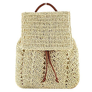 ZLM BAG US Handwoven Straw Backpack for Women Bohemian Beach Backpack Purse Drawstring Closure Casual Daypack
