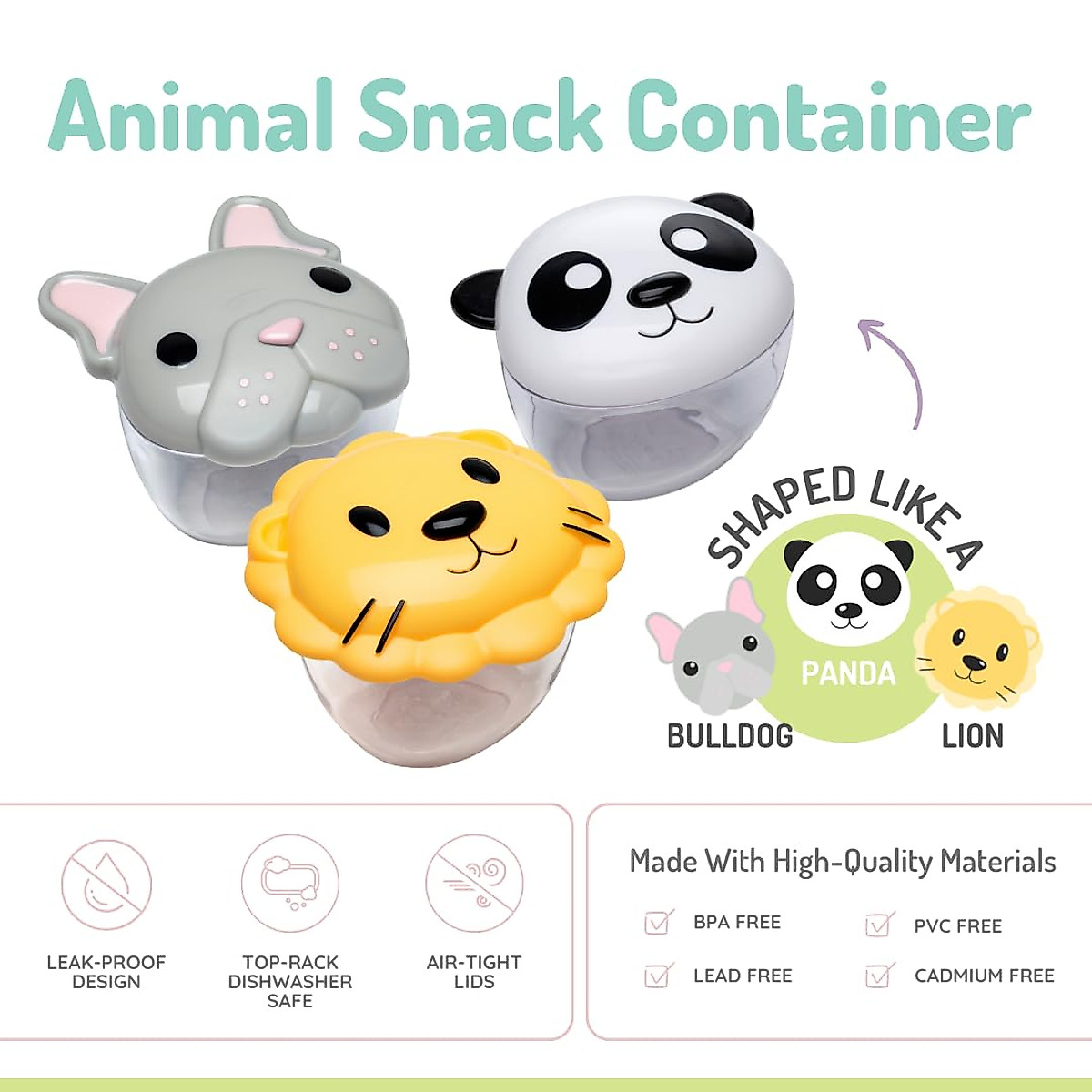 melii Animal Snack Containers with lids - Food Storage for Toddlers and Kids - Bulldog, Lion & Panda (Pack of 3)