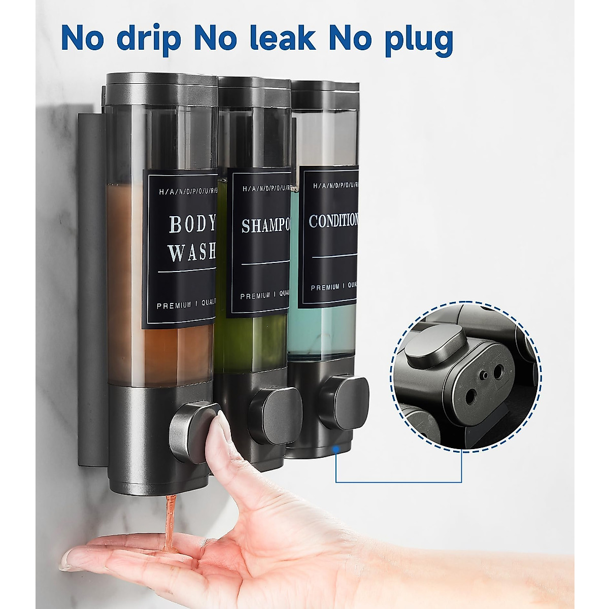 Cabo Deseado Shower Soap Dispenser Wall Mounted No Drill Shampoo Dispenser for Shower Wall Shampoo and Conditioner Dispenser Bathroom Hotel 3 * 300ml Gungray with Labels