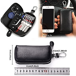 WESTONETEK Unisex Mens Womens Premium Leather Car Key Holder Bag Keychain Case Wallet with 6 Hooks Zipper Closure, Black