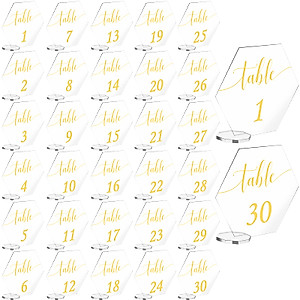 30 Pcs Gold Acrylic Wedding Table Numbers with Stand Printed Clear Acrylic Table Number Stand Table Number Signs for Wedding Reception Event Party Dining Room(Hexagonal)