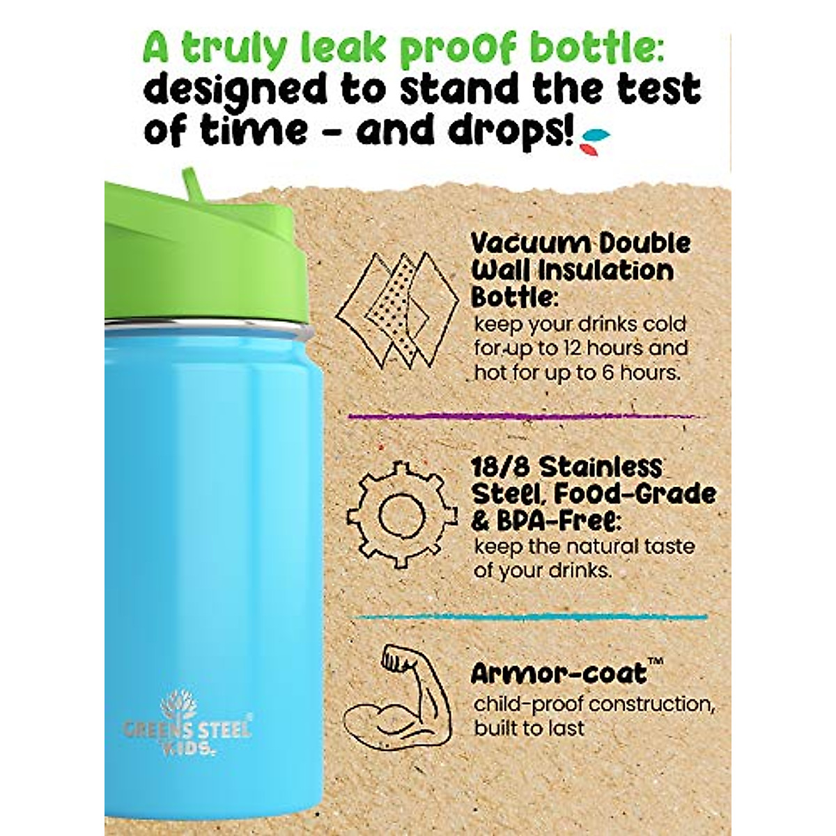 Kids Water Bottle - 12oz Blue | Leak Proof With Straw & Handle | 24 Hours Cold | Insulated, Double Wall Stainless Steel | Easy Sip Toddler Cup | Child's Flask | Eco Friendly
