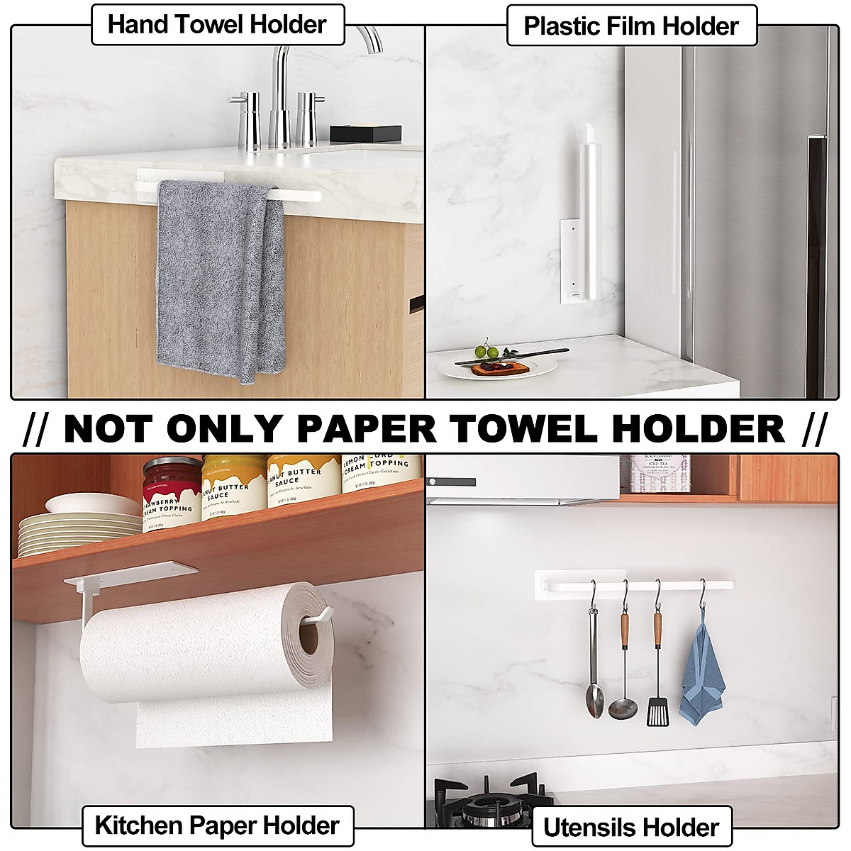 White Kitchen Roll Holder, Stainless Steel Paper Towel Holder for Kitchen, Self-Adhesive Kitchen Roll Holder Under Cabinet, Wall Mount Plastic Wrap Holder and Towel Rack