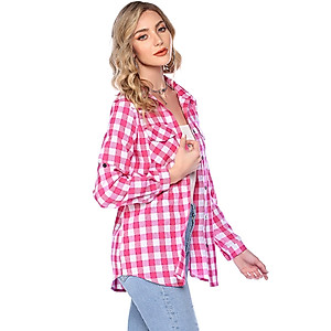 HOTOUCH Flannel Shirt for Women Long Sleeve Mid-Long Shirts with Pockets