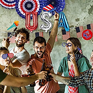 NAIWOXI Patriotic Decorations - American Flag Decorations Included Banner, Paper Fans, Confetti, Photo Booth Props, Garland Balloons, for Presidents Day, Election Day Party, 4th of July Party Supplies