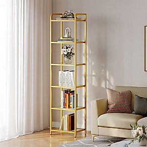 YITAHOME 6-Tier Bookshelf, Tempered Glass Bookshelf, Slim Shelving Unit for Bedroom, Bathroom, Home Office, Steel Frame, Gold