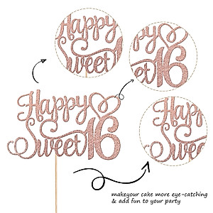 1 PCS Happy Sweet 16 Cake Topper Glitter 16th Birthday Cake Pick Cheers to 16 Years Birthday Cake Decoration for Happy 16th Birthday Anniversary Party Decorations Supplies Rose Gold
