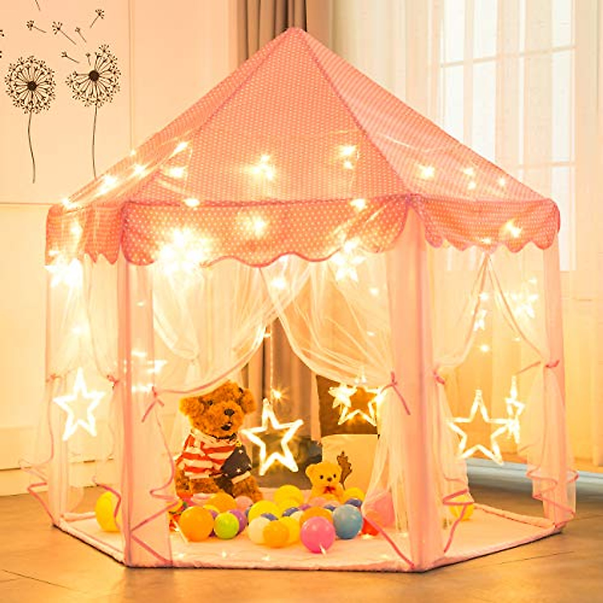 Sunnyglade 55'' x 53'' Princess Tent with 8.2 Feet Big and Large Star Lights Girls Large Playhouse Kids Castle Play Tent for Children Indoor and Outdoor Games Children's Day Gift