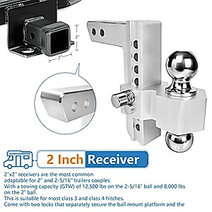 Adjustable Trailer Hitch - Tlvuvmo 8 Inch Drop Hitch for 2 Inch Receiver, Ball Mount Hitch 12,500 LBS, 2" and 2-5/16" Stainless Steel Dual Balls, Aluminum Tow Hitch with Double Anti-Theft Pins Locks