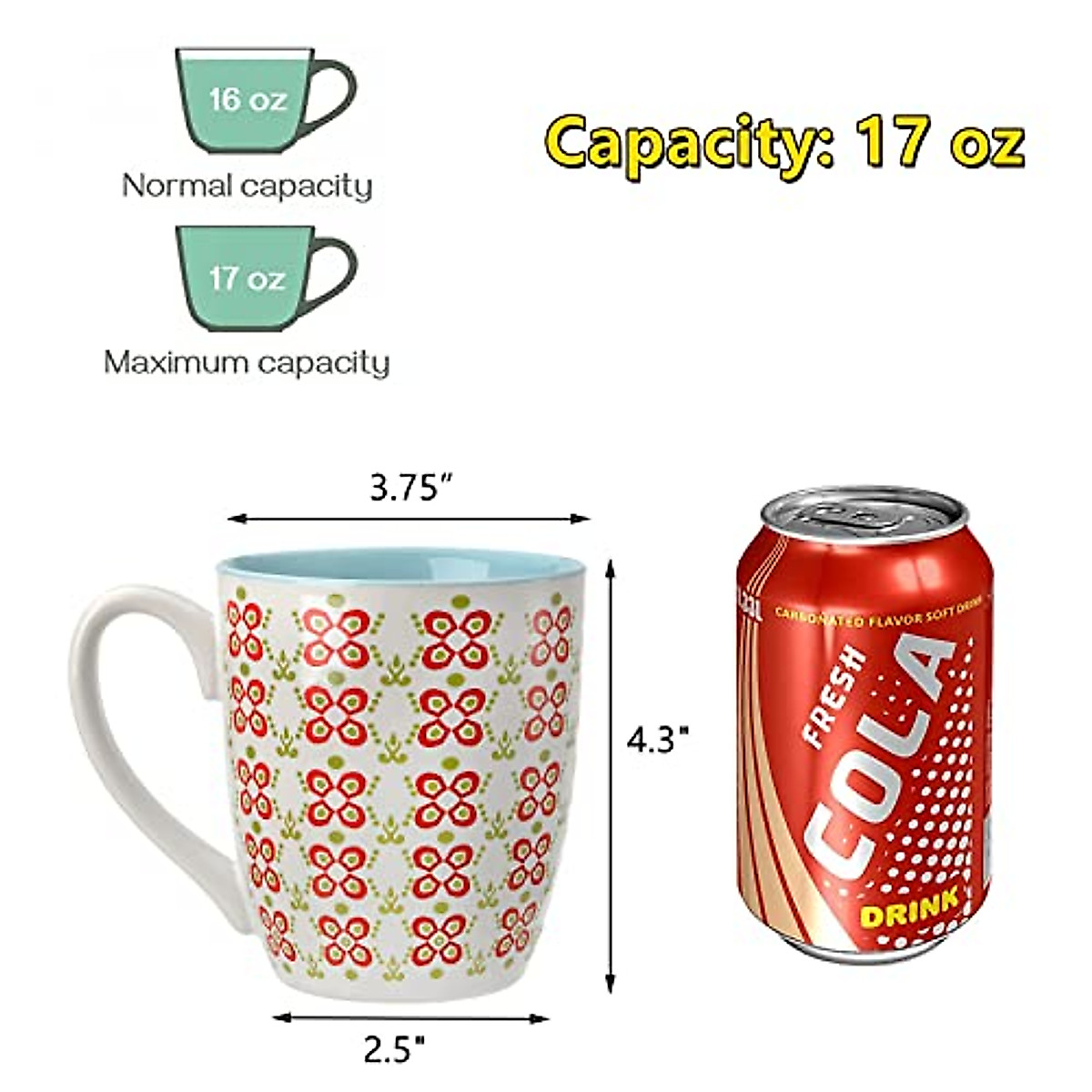 Frcctre 6 Pack Coffee Mugs Set, 17 Ounce Large Porcelain Coffee Cups Tea Cups Drinking Cups for Coffee, Tea, Cocoa, Cappuccino, Dishwasher Safe