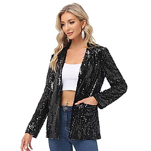 Women Long Sleeve Sequin Blazer Casual Open Front Sparkly Jackets for Party with Pockets Black S