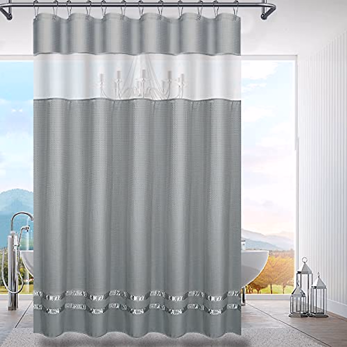 ARICHOMY Shower Curtain Set Waffle Weave Curtain Fabric Shower Curtain Set 250GSM with 12 pcs Hooks Grey