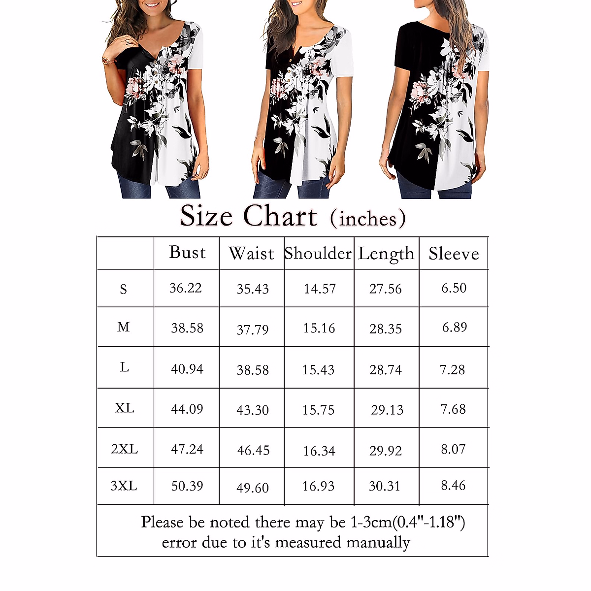 MAYAMANG Women's Floral Tunic Tops Casual Blouse V Neck Short Sleeve Buttons Up T-Shirts (Black+Small Floral, XL)