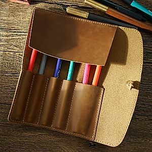 AIGUONIU Vintage Genuine Leather Pencil Roll - Pencil Storage Case/Pouch Organizer Handmade (Brown)