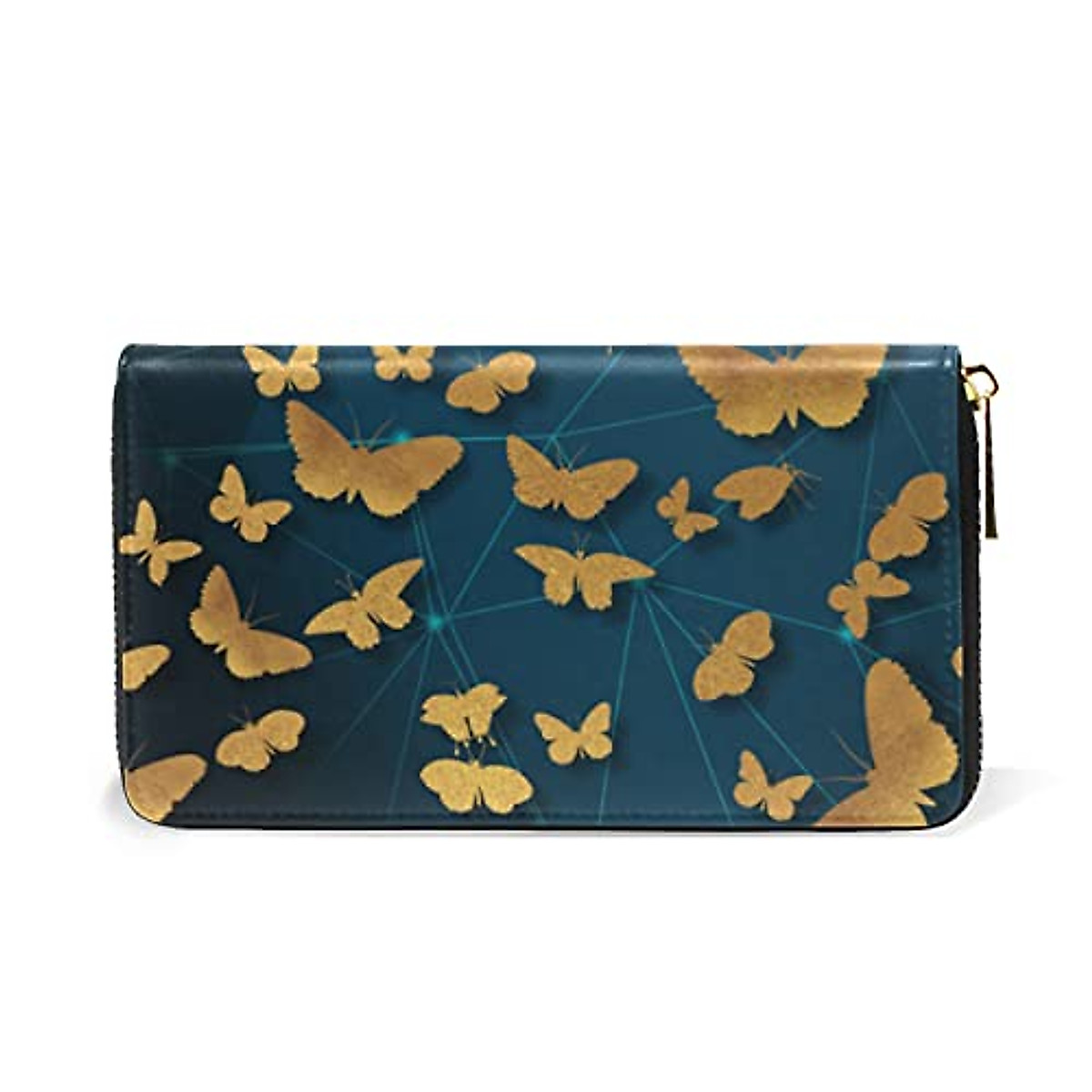 Seamless Golden Gold Butterflies on Abstract Blue Background Leather Long Wallet Organizer with Zipper Purse Clutch Bag for Women Men
