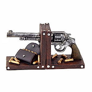 Bellaa 26317 Vintage Pistol Bookends Gun Six-Shooter Revolver Bullets Man Cave Book Shelf Firearm Deco Weapons Fire Arms Rustic Western Cowboy Mans Cave 6 Inch Tall