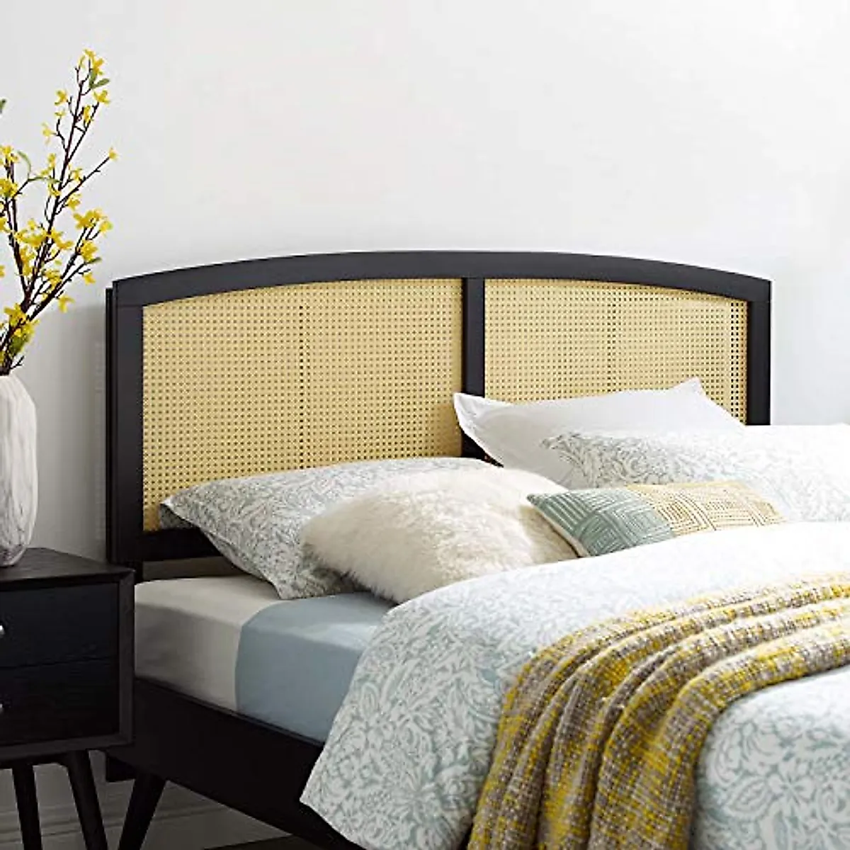 Modway Halcyon Cane Woven Rattan Queen Headboard in Black