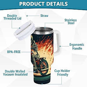Jihqo Retro Skeleton Motorcycle 40 oz Stainless Steel Vacuum Insulated Tumbler with Handle and Straw Lid, Leakproof Water Bottle Double Wall Travel Mug Coffee Cup, Cupholder Friendly