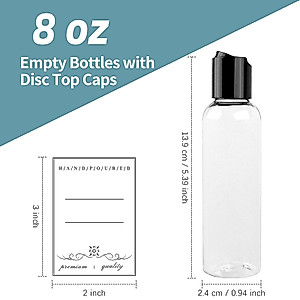Qeirudu 8 oz Clear Plastic Empty Bottles with Disc Caps and Labels, 12 Pack Refillable Travel Containers Squeezable Lotion Bottles for Cream Shampoo Conditioner