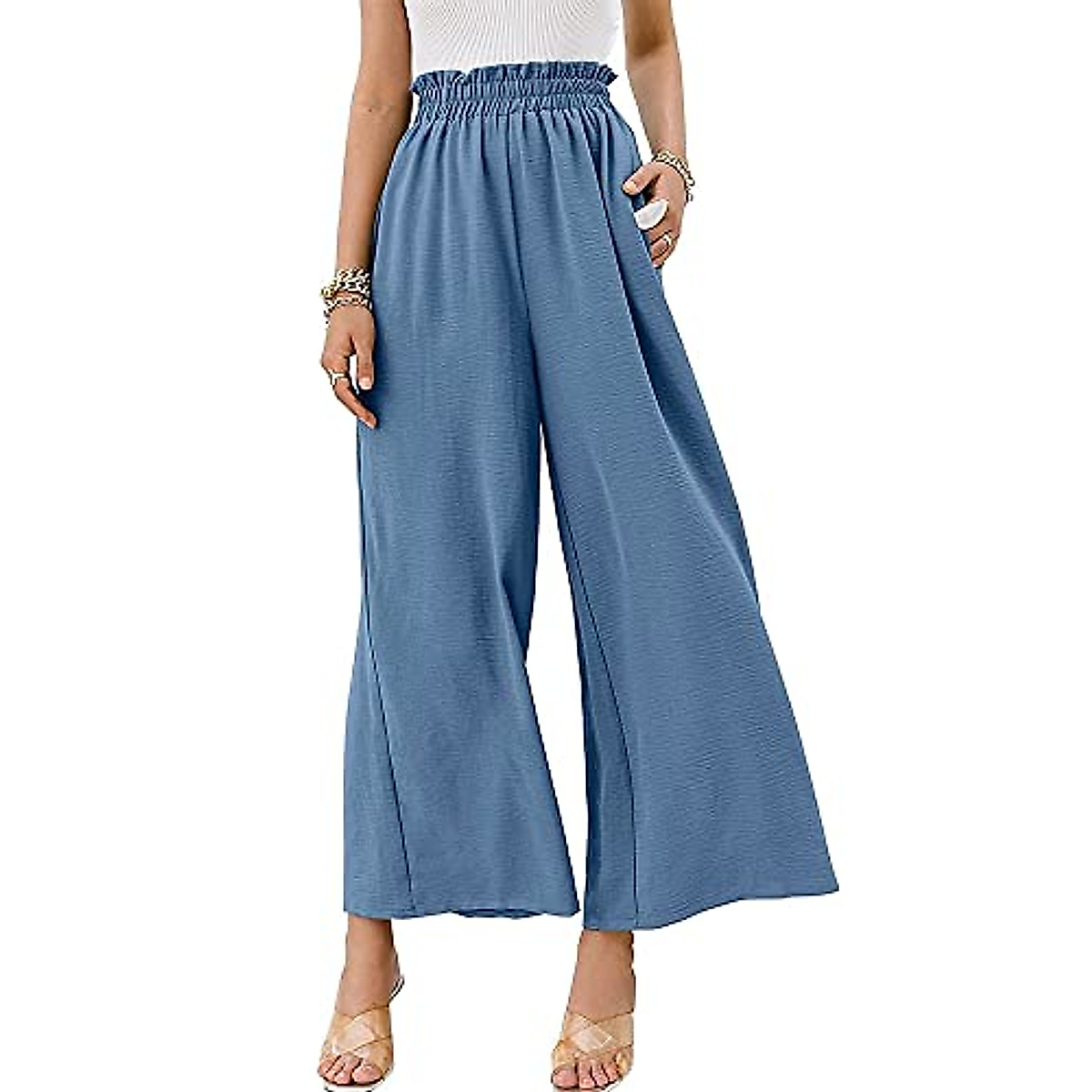 utcoco Women's Wide Leg Pants Elastic High Waisted Palazzo Flowy Pants for Women (XL, Blue Grey)